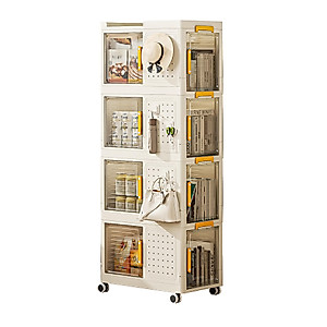 Runboll Storage Bins with Lids, 4-Tier Large Mobile Multifunction Utility Rolling Storage with 4 Pegboards & 8 Hooks Freely Adjustable, Stackable Storage Bins with Wheels for Every Room