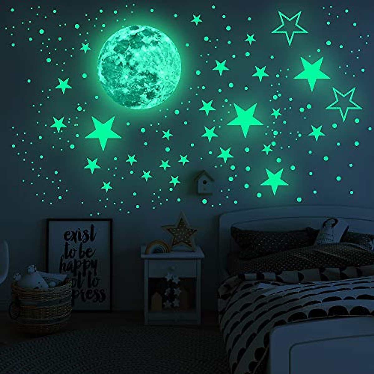 Glow in The Dark Stickers435pcs, Luminous Moon Dots Stars Wall Ceiling Decal Murals for Nursery Baby Girl Boy Kids Or Relaxing Ambience for Adults Home Bedroom Living Room Decoration (Green, 435pcs)