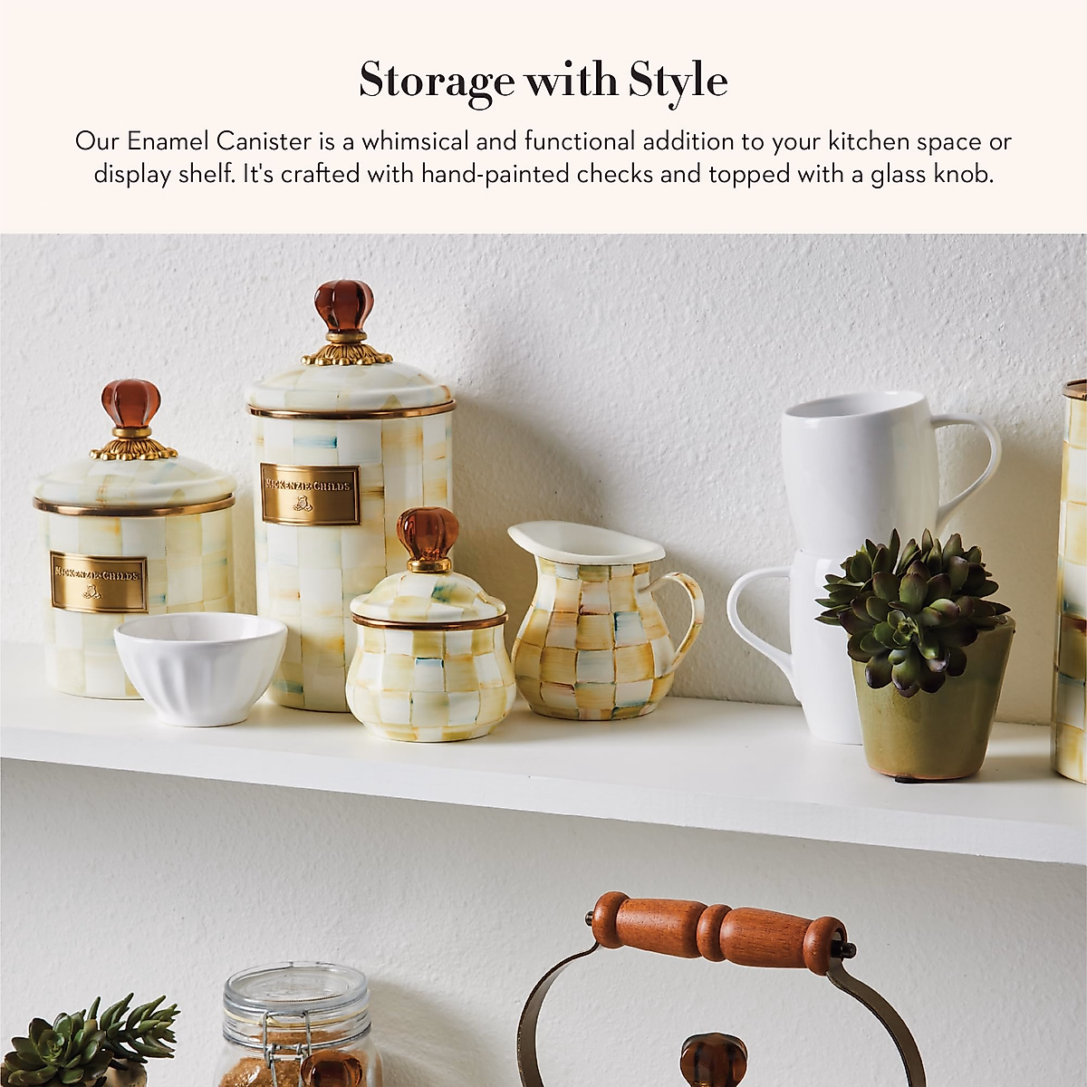 MACKENZIE-CHILDS Parchment Check Enamel Canister, Yellow-and-Cream Kitchen Storage Container with Lid, Small