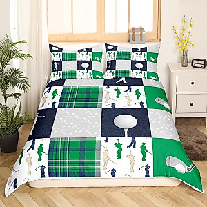 Castle Fairy Golf Plaid Bedding Set King Size for Woman Men,Green Buffalo Grid Geometric Comforter Cover with 2 Pillowcases,Ball Sports Lover Style Duvet Cover Set Microfiber Quilt Cover