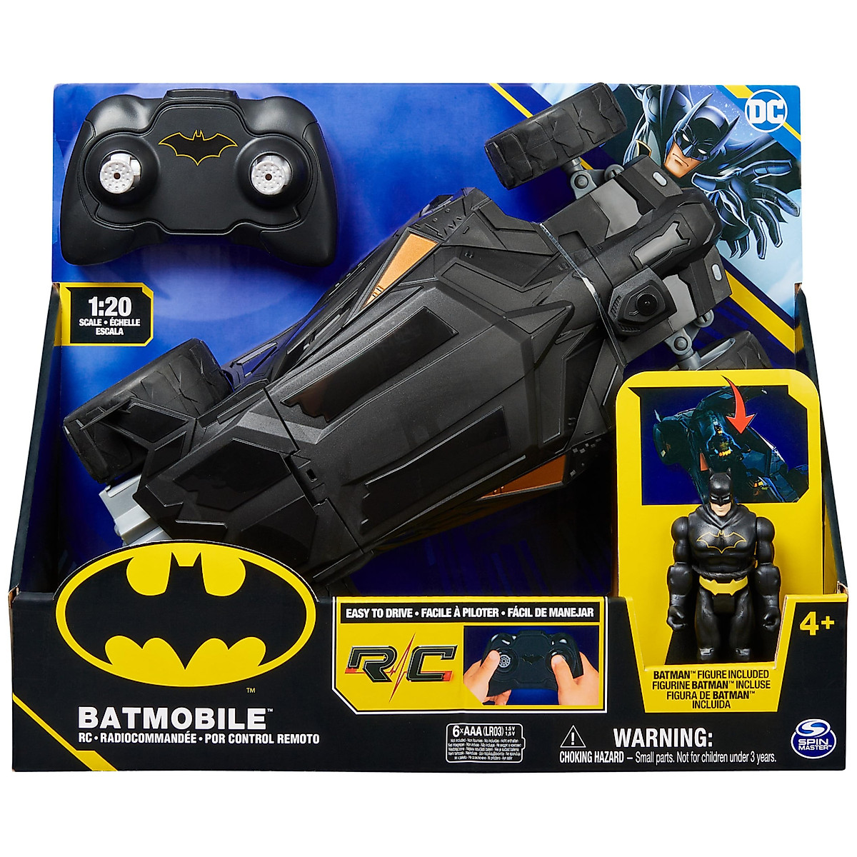 DC Comics, Batman Batmobile Remote Control Car, Easy to Drive, Compatible with Batman Figures, Kids Toys for Boys and Girls Ages 4 and Up