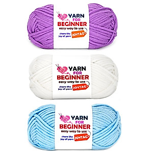 Yarn for Crocheting and Knitting Cotton Crochet Knitting Yarn for Beginners with Easy-to-See Stitches Cotton-Nylon Blend Easy Yarn for Beginners Crochet Kit(3x50g)-(Purple+White+Blue)