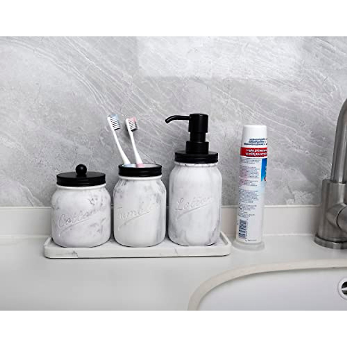 Artfrog Bathroom Accessory Set,Marble Bathroom Accessories,Mason Jar Bathroom Accessory Set, 4 Pcs Bathroom Accessory Set, Marble Look, Include Lotion Dispenser &Tumbler& Cotton Jar&Tray