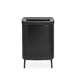 Brabantia Bo Laundry Hamper Hi (Matt Black) 2 Compartment Removable Laundry Bag 2 x 12 Gal, Ventilated Stylish Dirty Clothes Holder, Flat Back, Off-the Ground, Anti-Rust Materials for Bathroom Use