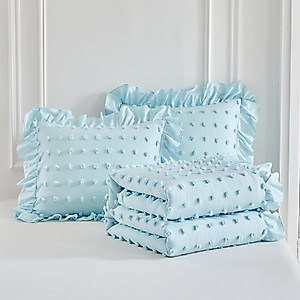 Tufted Dots Ruffle Comforter Set Twin Size, 3 Pieces Blue Ruffled Farmhouse Comforters, Luxury Embroidery Shabby Chic Pom Pom Tufts Boho Bohemian Bedding Set for Kids(1 Comforter + 2 Pillowcases)
