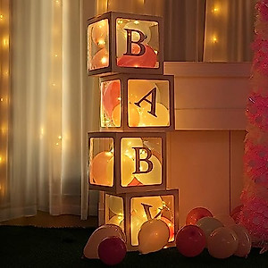 Uptotop 4 Pcs Baby Boxes with 30 Letters and 36 Balloons and 4 fairy string lights, for Baby Shower Gender Reveal Girl Boy Blocks Birthday Party Balloon Box Decorations(A-Z + BABY) 