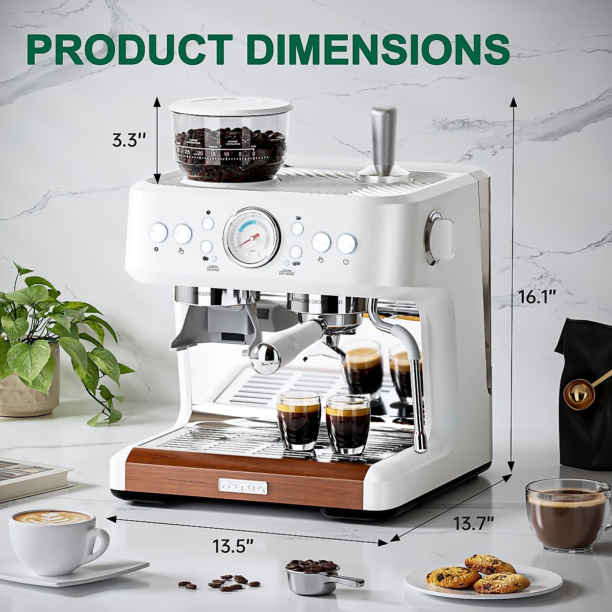 COUPLUX Espresso Machine with Grinder, Coffee and Espresso Maker Combo All in One Coffee Machine, 20 Bar Cafe Espresso Machine with Milk Frother for Latte Cappuccino, 2.8L Water Tank, 58MM Portafilter