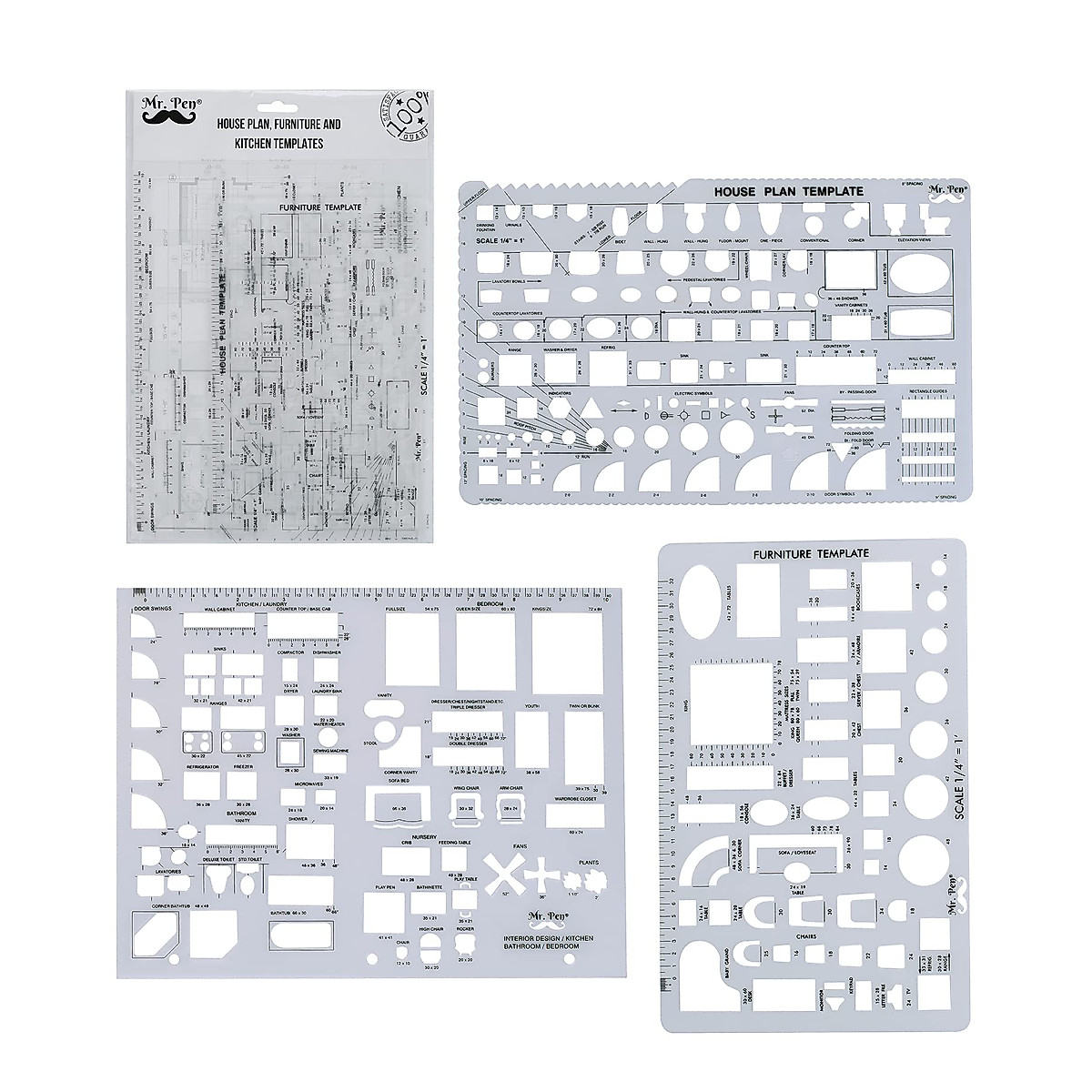 Mr. Pen- House Plan, Interior Design and Furniture Templates, Drafting Tools and Ruler Shapes for Architecture - Set of 3