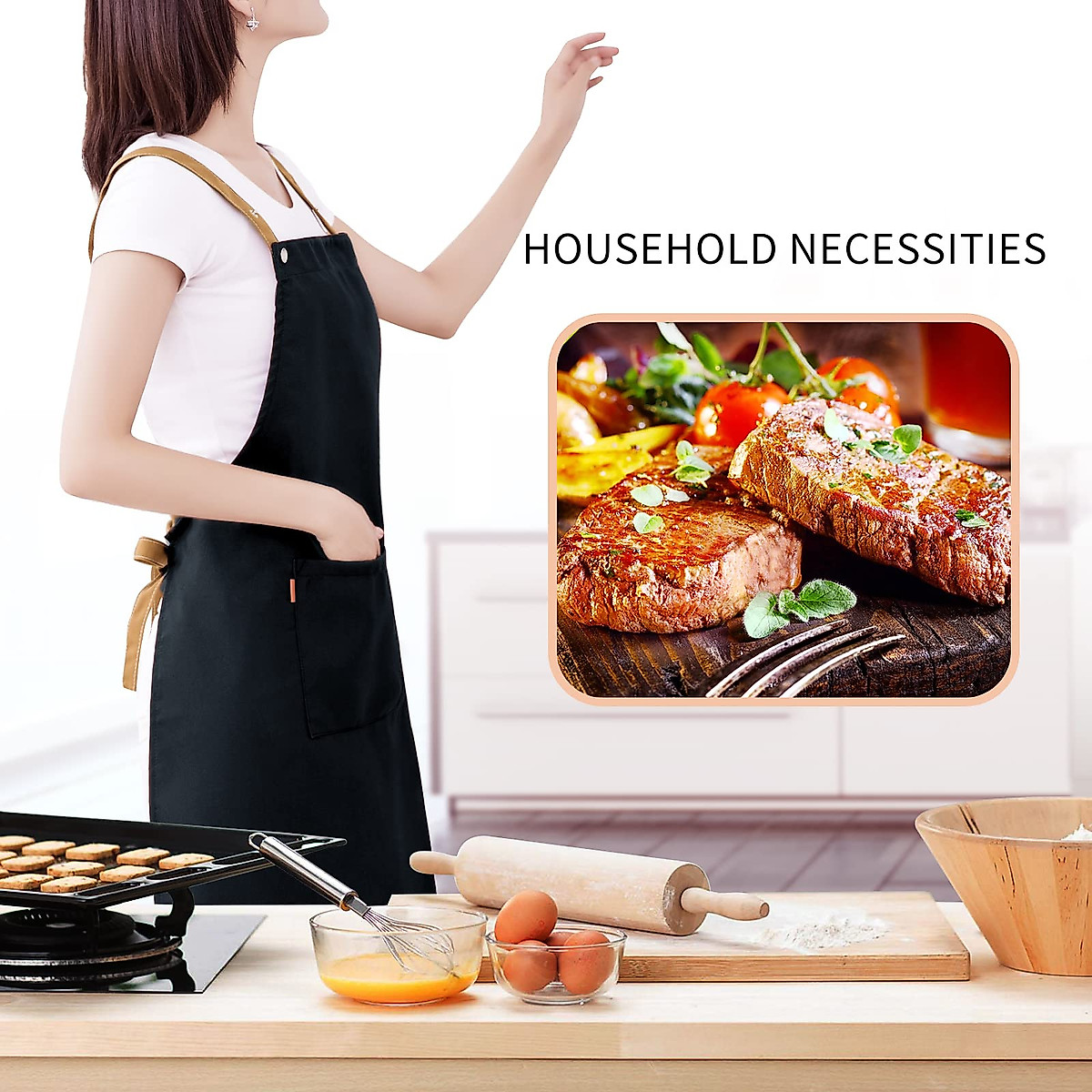 LOYGLIF Apron for Women with Adjustable Straps and Pockets, Canvas Cotton Cooking Kitchen Chef Hairstylist Bib Aprons, Black