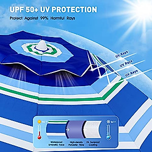 Beach Umbrella for Sand Wind Portable: 7FT Arc Length 6.5FT Diameter Heavy Duty Wind Resistant Striped Large Umbrellas UV 50+ Parasol with Anchor Screw Adjustable Height Tilting Pole 8 Ribs Carry Bag Lightweight