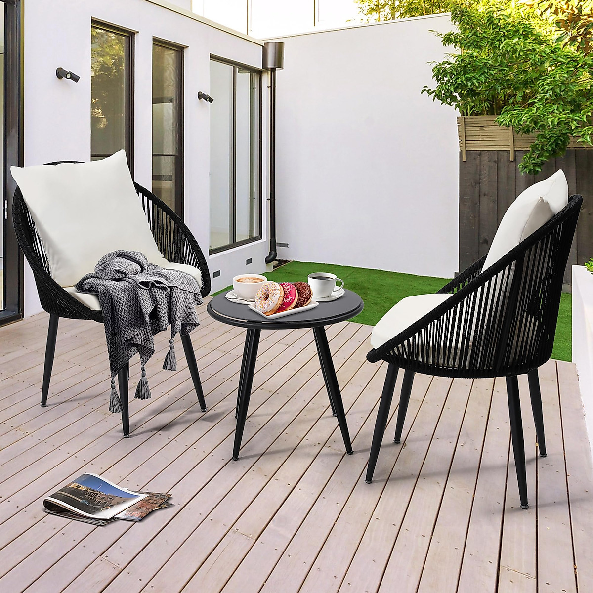 wildformers 3 Pieces Bistro Set, Woven Rope Chair with Cushions, All Weather Patio Conversation Set and Side Table, Ideal for Deck, Balcony, Poolside, Black
