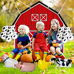 Preboun Halloween Farm Theme Trunk or Treat Decorations for Cars Red Barn Door Backdrop with 8 Pack Walk Animal Balloons 25 Pack Cow Balloons for Halloween Archway Garage Decorations