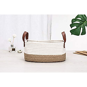 ZFRXZ Small Cotton Rope Basket with Handles, Oval Woven Basket Diaper Caddy, Storage Bins Toy Organizer, Baby Basket (White-Jute, 12"×8"×5")