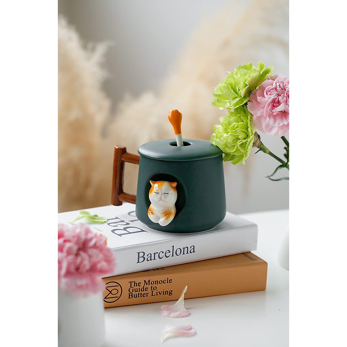 DIHOclub Adorable 3D Ceramic Cat Mug with Lid and Spoon - Perfect for Coffee, Tea, Milk, and More - Ideal Gift for Animal Lovers - 14 Ounces (Green)