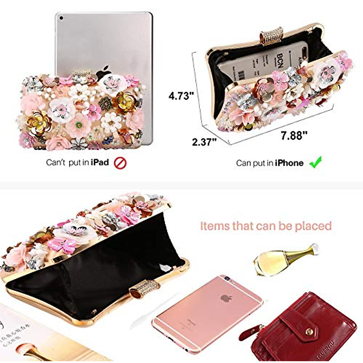 Selighting Colorful Floral Clutch Evening Bags for Women Formal Beaded Bridal Wedding Purse Prom Cocktail Party Handbags Champagne