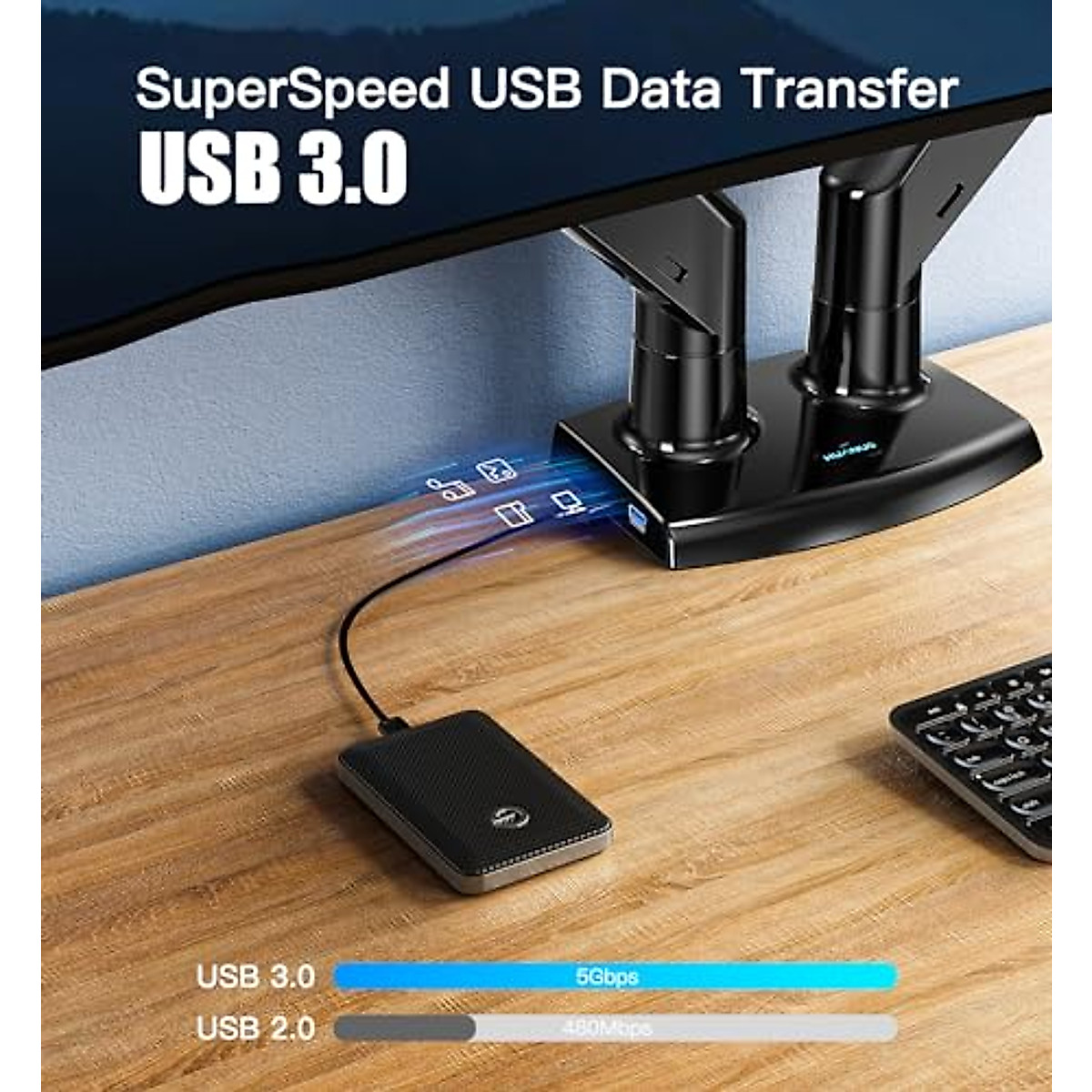 HUANUO Dual Desk Monitor Stand, for Two 13-35" Screens with USB, Height Adjustable Ultrawide Double Gas Spring Arm for 2 Monitors, 75 x 75mm/100 x 100mm VESA Mount, Hold up to 26.4lbs/Arm