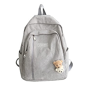 Large Kawaii Corduroy Backpack with Cute Bear Pins Vintage Bag for Girl Student School Bag Bookbag Satchel Laptop (Gray,Large)