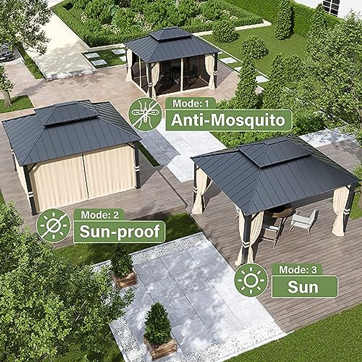 10' x 20' Hardtop Gazebo,Outdoor Galvanized Steel Metal Double Roof Gazebo with Curtains and Netting for Patios,Gardens,Lawns,Khaki