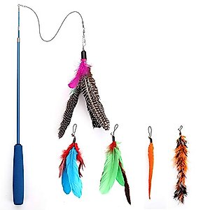 Becory Feather Teaser Cat Toy, Retractable Cat Feather Toy Wand with 5 Assorted Teaser with Bell Refills, Interactive Catcher Teaser for Kitten Or Cat Having Fun Exerciser Playing