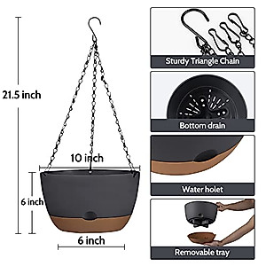 EURCRBU 2 Pack Hanging Planters for Outdoor Indoor Plants, 10 Inch Plastic Outdoor Hanging Planter, Hanging Flower Pots for outside with Drainage Holes & Removable Saucer for Garden Home (Dark Grey)