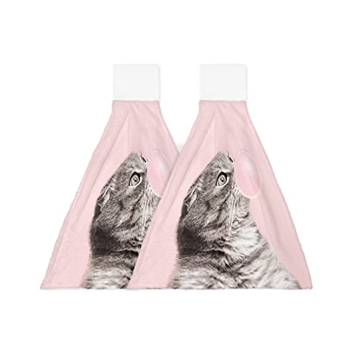 Cat Hanging Hand Towels 2Pcs Super Absorbent Quick Dry Hand Towel Bathroom Towels Durable Kitchen Oven Towel Dish Cloth Christmas Decor 18"x14", Funny Animal Creative Cat Blowing Bubble Pink