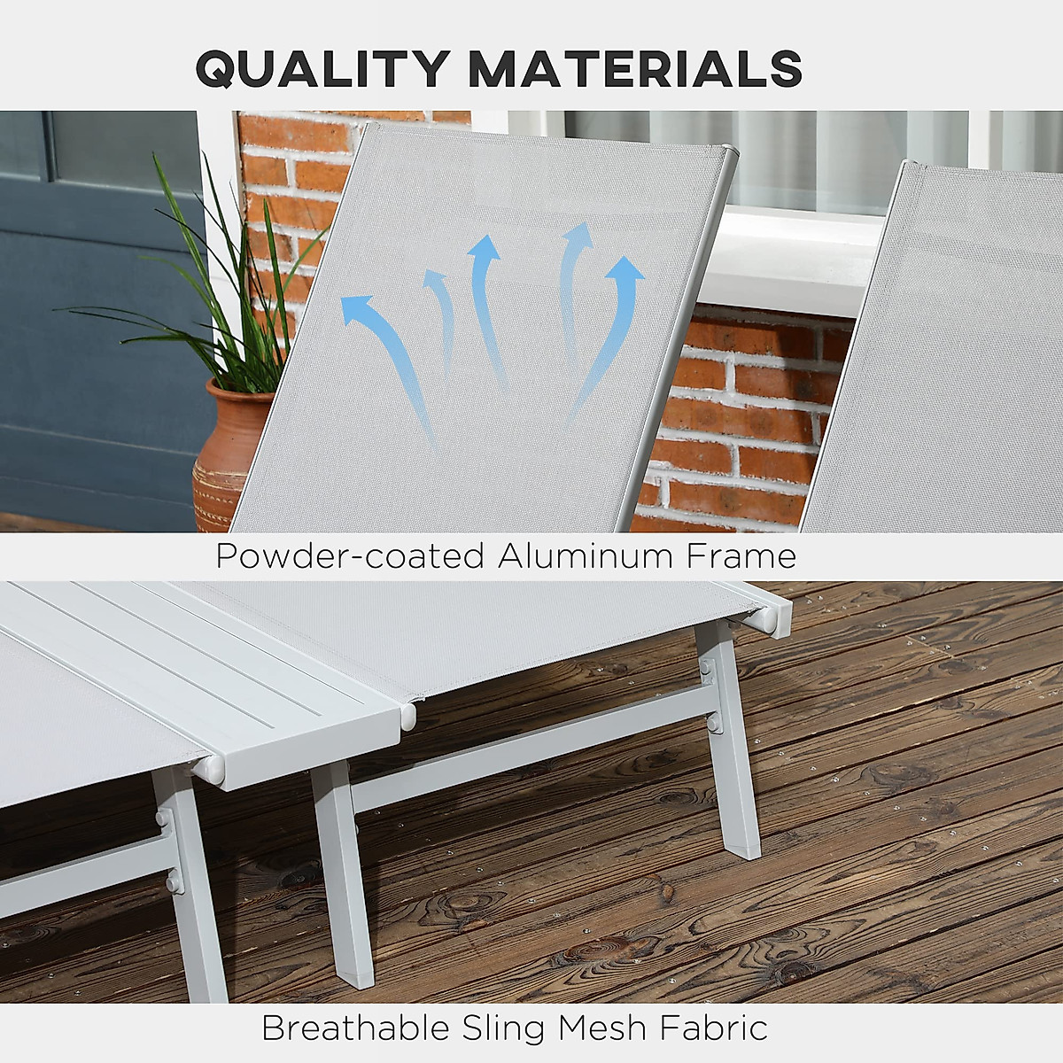 Outsunny Chaise Lounge Pool Chairs Set of 2, Aluminum Outdoor Sun Tanning Chairs with Five-Position Reclining Back, Shelf & Breathable Mesh for Beach, Yard, Patio, Light Gray