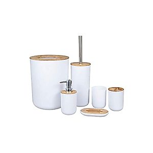 Laipi Bamboo Wooden Bathroom Accessories Set, 6 cs Gift Set Toilet Brush, Soap Dispenser, Waste Bin, Toothbrush Holder, Soap Dish Cup Set