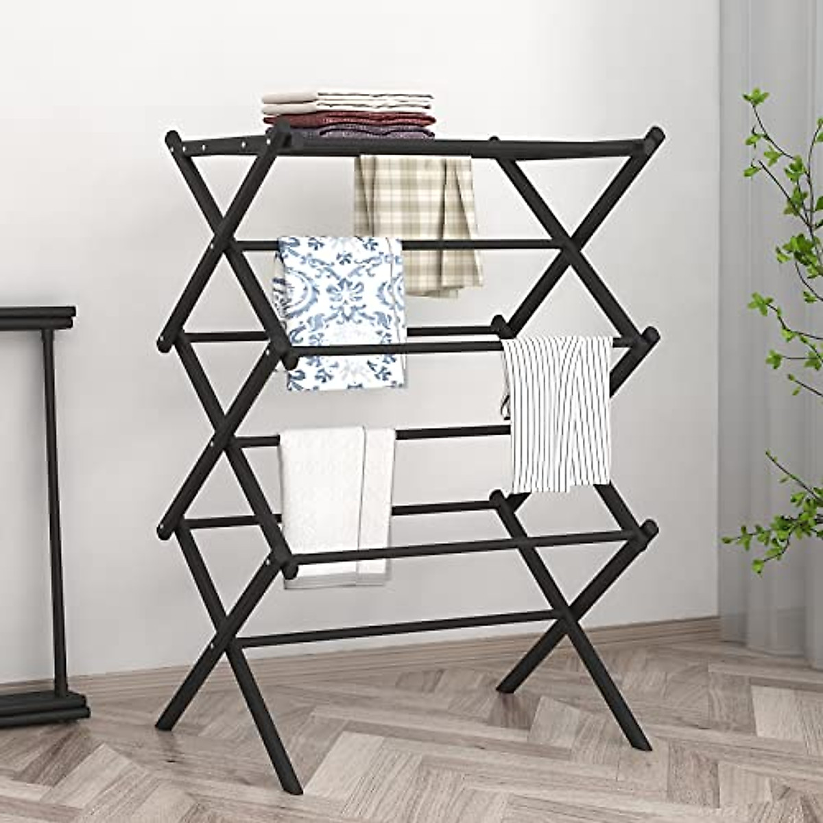 FKUO Household Indoor Folding Clothes Drying Rack, Dry Laundry and Hang Clothes,Towel Rack (Black)