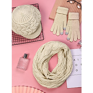 URATOT 3 Pieces Women Winter Hat Scarf Glove Set Warm Skull Beanie Hat with Visor Knitted Touch Screen Glove Scarf 3 In 1 Set