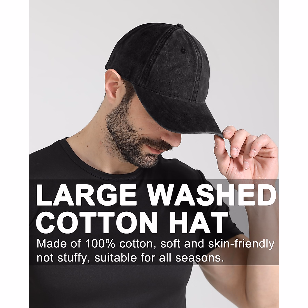 Oversize XXL Washed Cotton Baseball Cap, Extra Large Hat for Big Heads 23.5"-26", Plus Size Unstructured Denim Dad Hats