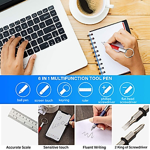 4 Pieces 6 In 1 Multitool Tech Tool Pen Key Ring Screwdriver Pen with Ruler, Two-head Ballpoint Pen Refills Metal Tool Pen for Students, Office Staff, Construction Workers, Red, Yellow, Blue, Black