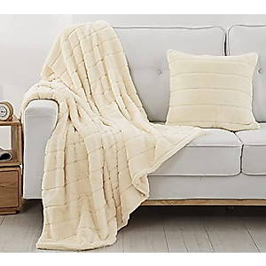Ultra Soft Reversible Faux Fur Throw, Thick Fluffy Blanket for Winter Sofa Couch, Cuddly & Warm, (50"x 60", Cream)