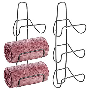 mDesign Metal Wall Mount 3 Level Bathroom Towel Rack Holder & Organizer - for Storage of Washcloths, Hand Towels - Use in Guest, Master, Kid's Bathrooms - 2 Pack - Graphite Gray