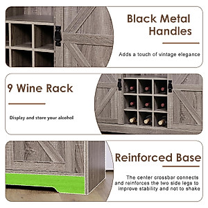 SYESWAY Coffee Bar Cabinet, 47" Farmhouse Sideboard Buffet Cabinet with Sliding Barn Door, Wine Rack & 6 Hooks, Wine Bar Cabinet for Home Dining Living Room, Grey