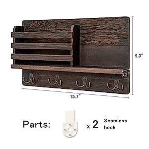 Dahey Wall Mounted Mail Holder Wooden Key Holder Rack Mail Sorter Organizer with 4 Double Key Hooks and A Floating Shelf Rustic Home Decor for Entryway or Mudroom,15.8" W x9.5 Hx2.7 D, Brown