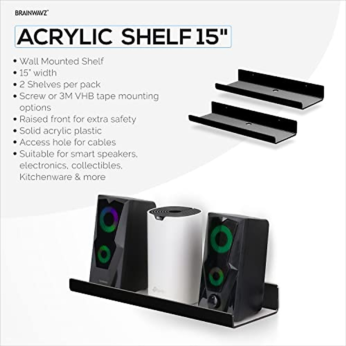 BRAINWAVZ 2-Pack 15" Floating Acrylic Wall Shelf for Speakers, Books, Decor, Plants, Cameras, Photos, Kitchen, Bathroom, Routers & More Universal Small Holder Shelves (Black)