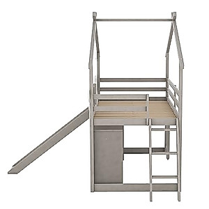 DNYN Twin Size House Bed with Storage Shelves & Pullable Desk & Wardrobe & Slide for Kids Bedroom,Wooden Bedframe w/Ladder & Cute Shaped Fence,Perfect for Boys and Girls,Space Saving Design, Gray