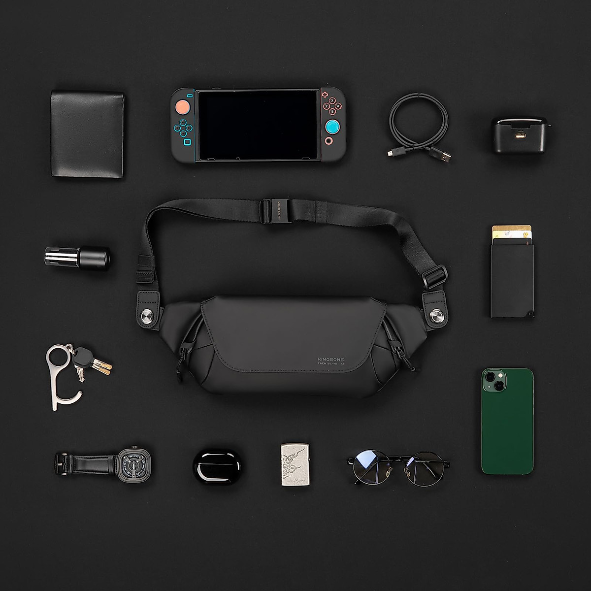 Kingsons Compact EDC Tech Sling Bag for Men, Waterproof Crossbody Bag Chest Shoulder Backpack with Magnetic Closure, Everyday Carry Bag for Travel, Work, Sport