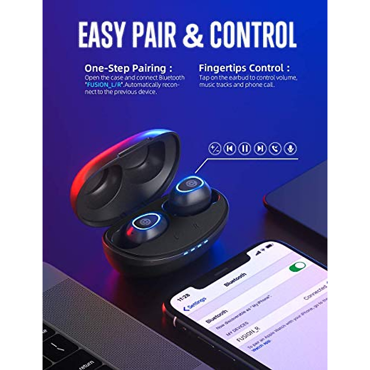 Cystereo Wireless Earbuds, Fusion Bluetooth 5.0 Earbuds, in-Ear Headphones with Mic, AptX, Deep Bass, IPX 7 Waterproof, Touch Control, CVC 8.0 Noise Reduction, USB-C Charging Case