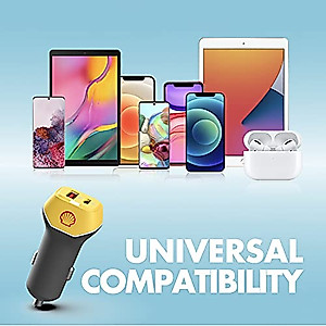 Shell USB Car Charger Fast Charger, 63W 2 Port iPhone Car Charger, 45W PD USB C + 18W QC USB A, for iPhone 13 /Pro/Max/Mini, iPad Pro/Air/Mini, MacBook Air/Pro, Google Pixel, Tablets, GPS