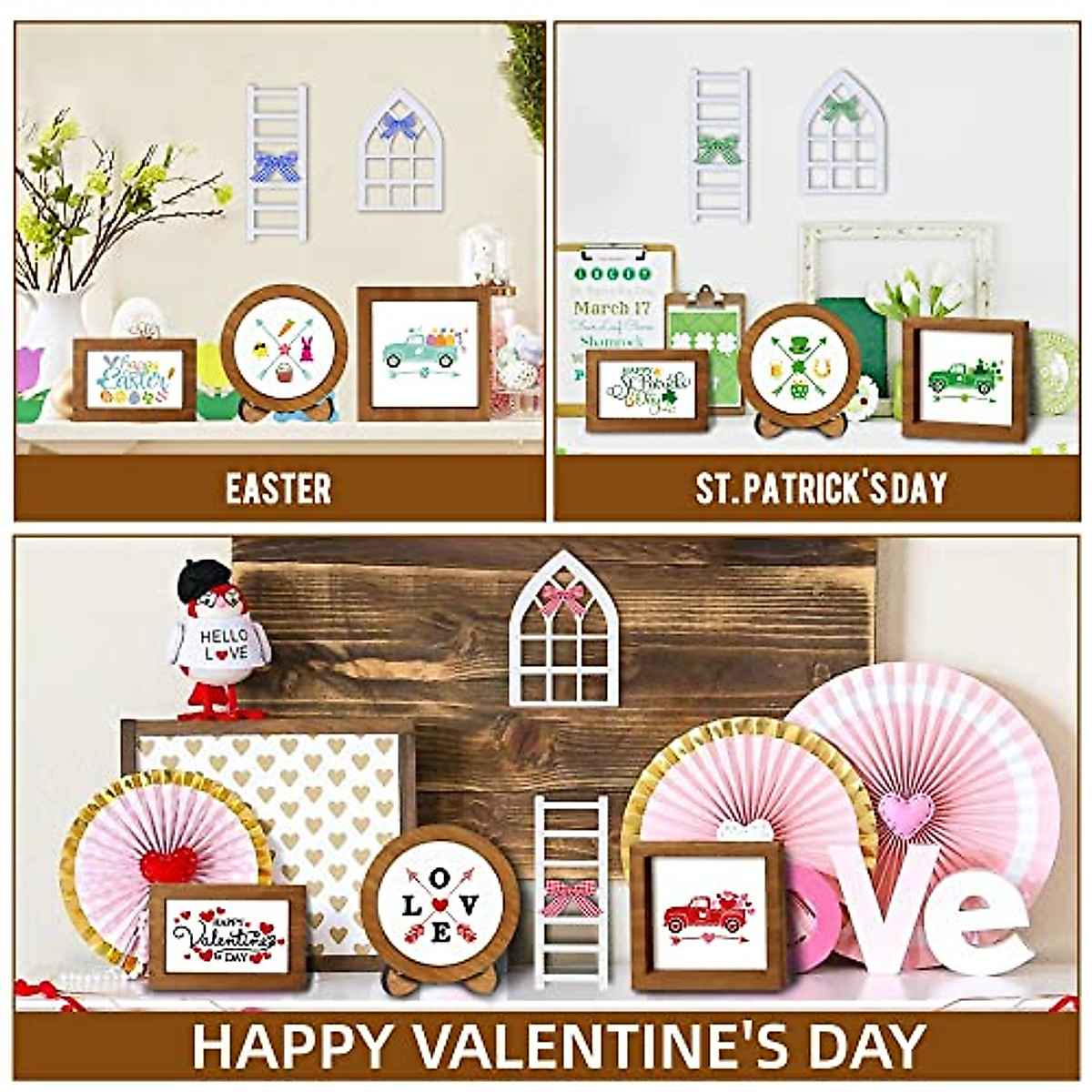 Farmhouse Tiered Tray Decor for Easter/St Patrick's Day/Valentines Decor (Tray Not Included), Rustic Interchangeable Seasonal Decor Set with Wooden Frames, Cards, Arch, Ladder,Easter Table Centerpiece