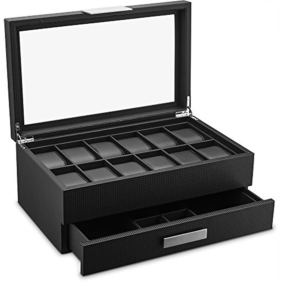 Glenor Co Watch Box with Valet Drawer for Men - 12 Slot Luxury Watch Case Display Organizer, Carbon Fiber Design - Metal Buckle for Mens Jewelry Watches, Men's Storage Boxes Holder has Large Glass Top