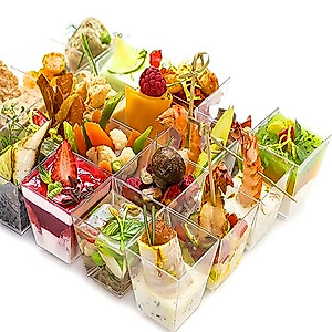 TOFLEN 50ct 5 oz Mini Dessert Cups with Spoons, Clear Plastic Square Dessert Shooters Reusable Party Serving Tumbler Cups for Parfait Appetizer & Dessert Shot Glasses