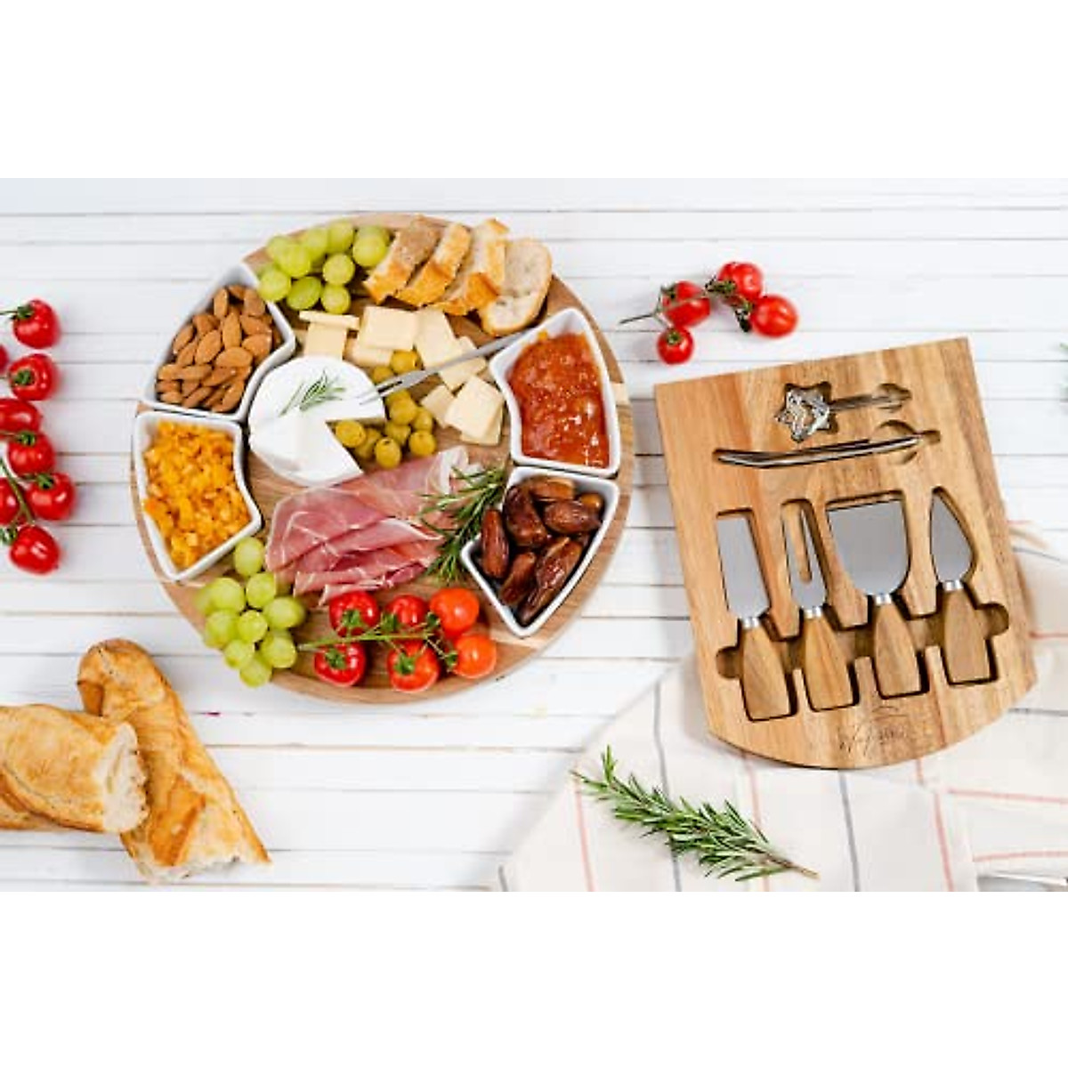 WinTruffles Acacia Cheese Board Set - Cheese Board and Knife Set, Cheese Platter, Cheese Platter Board, Cheese Tray, Charcuterie Board Set … (Round Acacia)