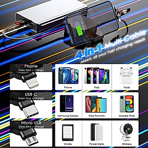 4.5A Multi Charger Cable - Retractable 3-in-1 USB with Lightning/Type C/Micro Ports - 2 Pack 4Ft Fast Sync for iPhone, Samsung, LG, Huawei, Tablets