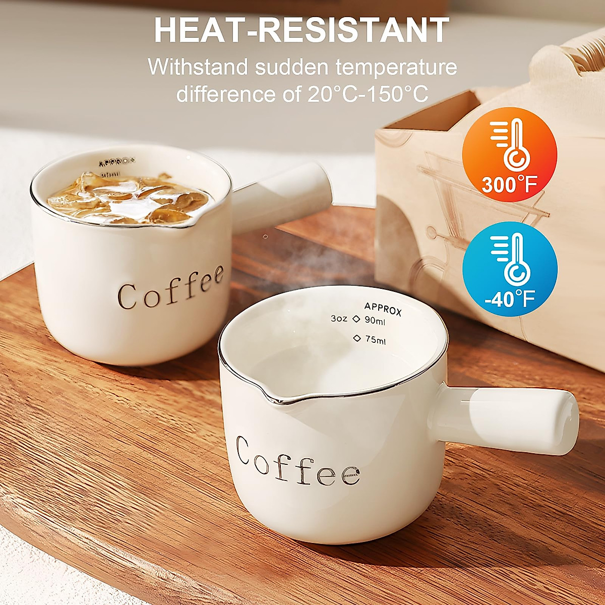 PARACITY Espresso Cups Ceramic with Handle, Measuring Cup with Dual Scale, Espresso Shot Glass with V-Shaped Mouth, 3 OZ Espresso Accessories