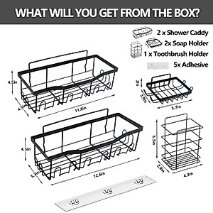 senzibser Shower Caddy [5-Pack] Black Shower Shelves for Inside Shower with Soap Caddy&Toothbrush Holder.NO Driling Easy Installation shower shelf