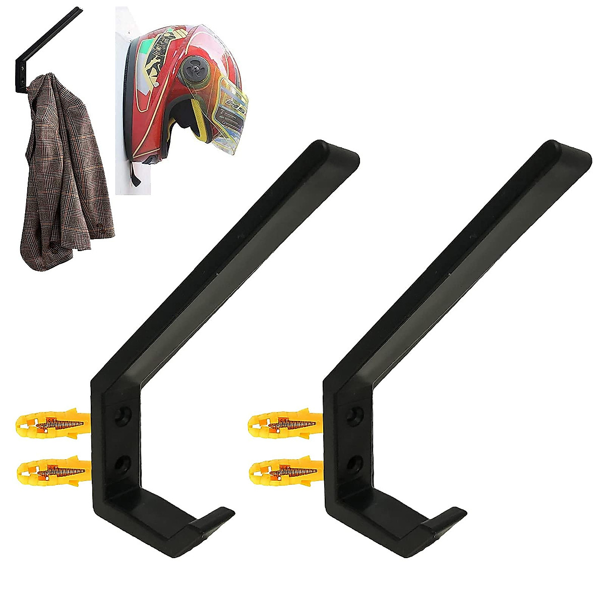 Pmsanzay 2 Pack Motorcycle Helmet Hook Multi-Purpose Jacket Hanger Keys Bags Holder Wall Mount Rack Cloth Display Rack Hat Hook for Home Kitchen Door Cabinet - Hardware Included Easy to Install.
