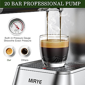 MR MIRYE Espresso Machine, 20 Bar Stainless Steel Espresso Maker Silver Coffee Machine for Home or Office With Removable Water Tank, Measuring Spoon, Brewing Filter, Milk Cup, Milk Frother Steam Wand