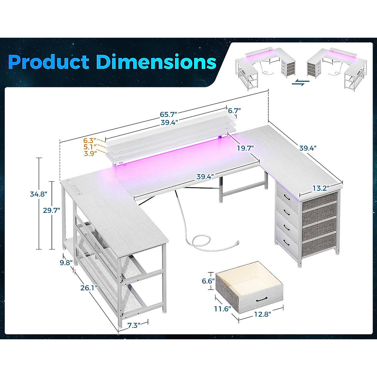 ODK U Shaped Desk with Power Outlets & LED Strip & Monitor Stand, 66" Reversible L Shaped Desk with Drawers and Storage Shelf, Home Office Gaming Desk, All White